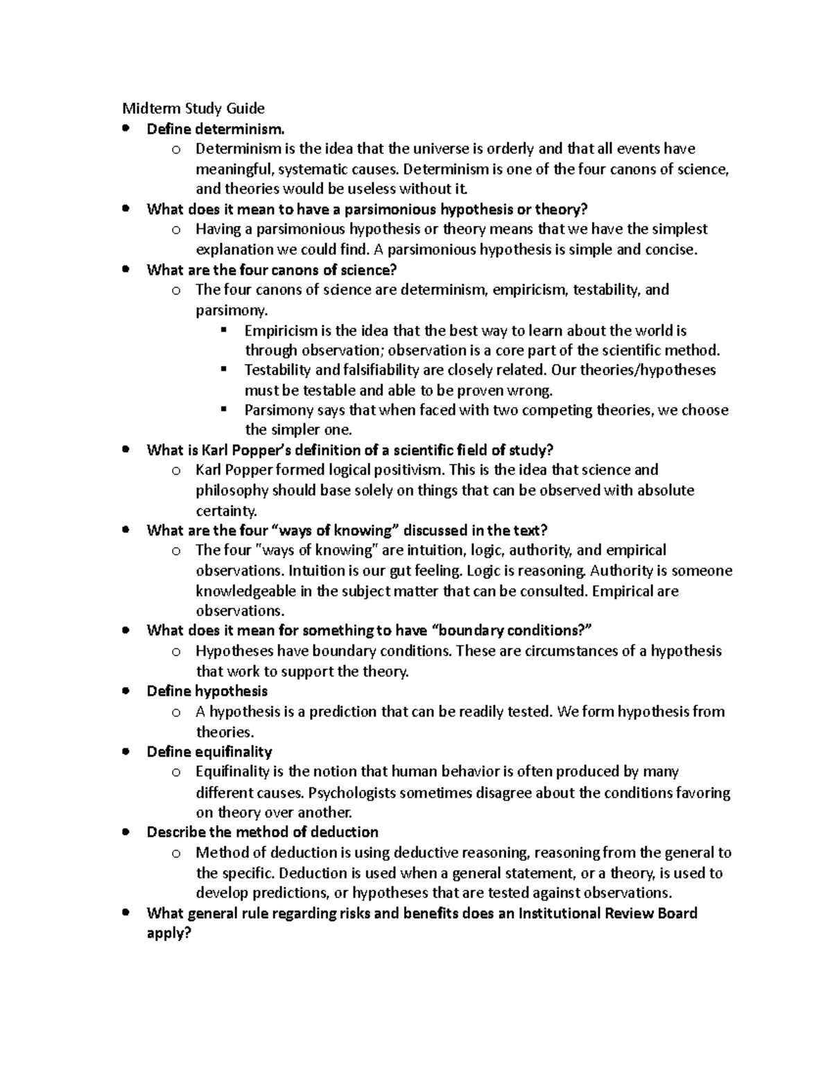 PSY-452-Midterm Study Guide - Midterm Study Guide Define determinism. o ...