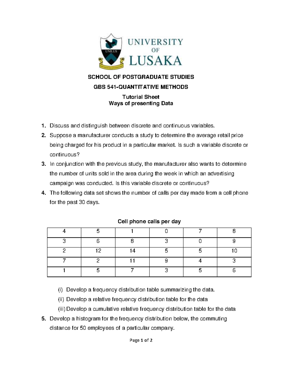 2.Tutorial Sheet-ways-of-presenting-data - Page 1 of 2 SCHOOL OF ...