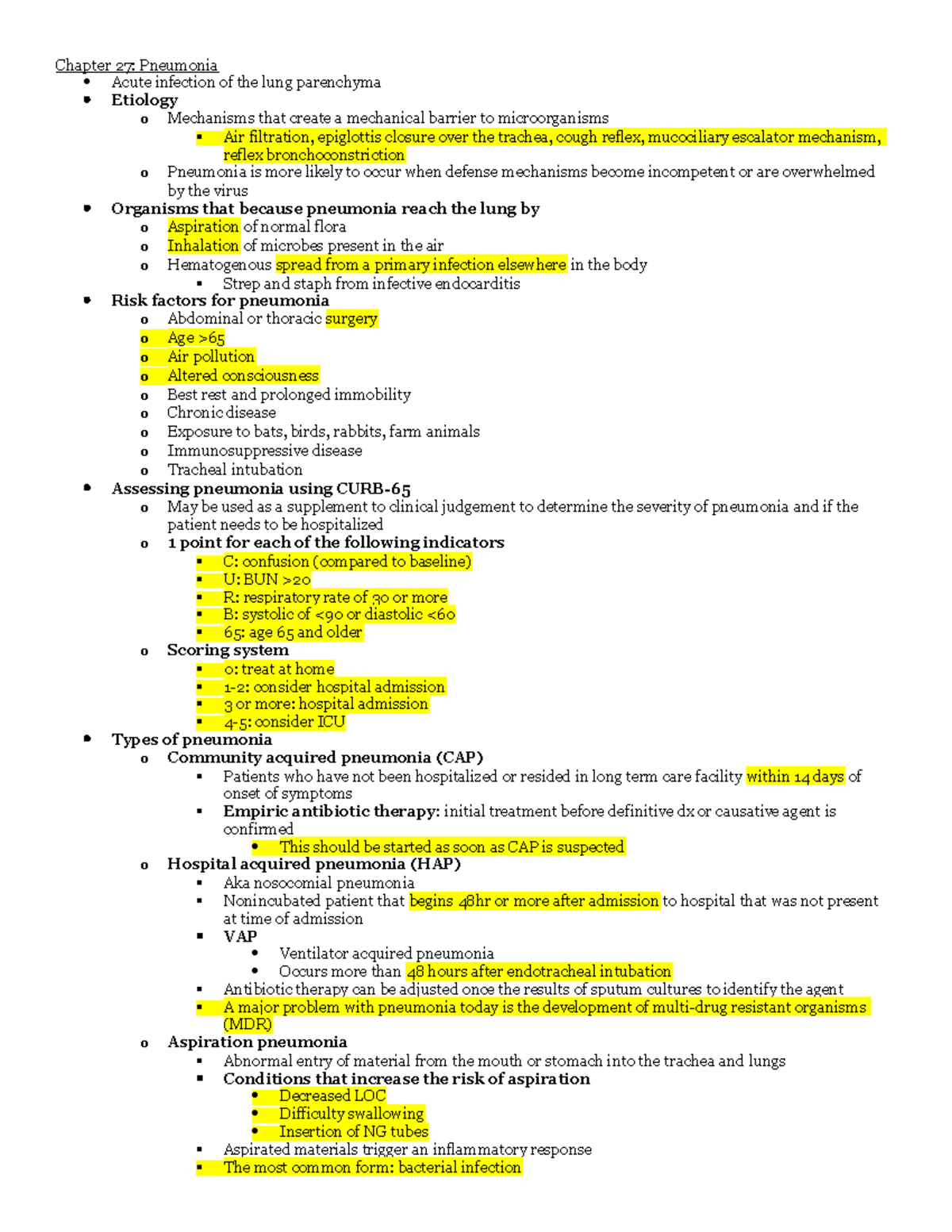 Exam 2 Study Guide clinical - Chapter 27: Pneumonia Acute infection of ...