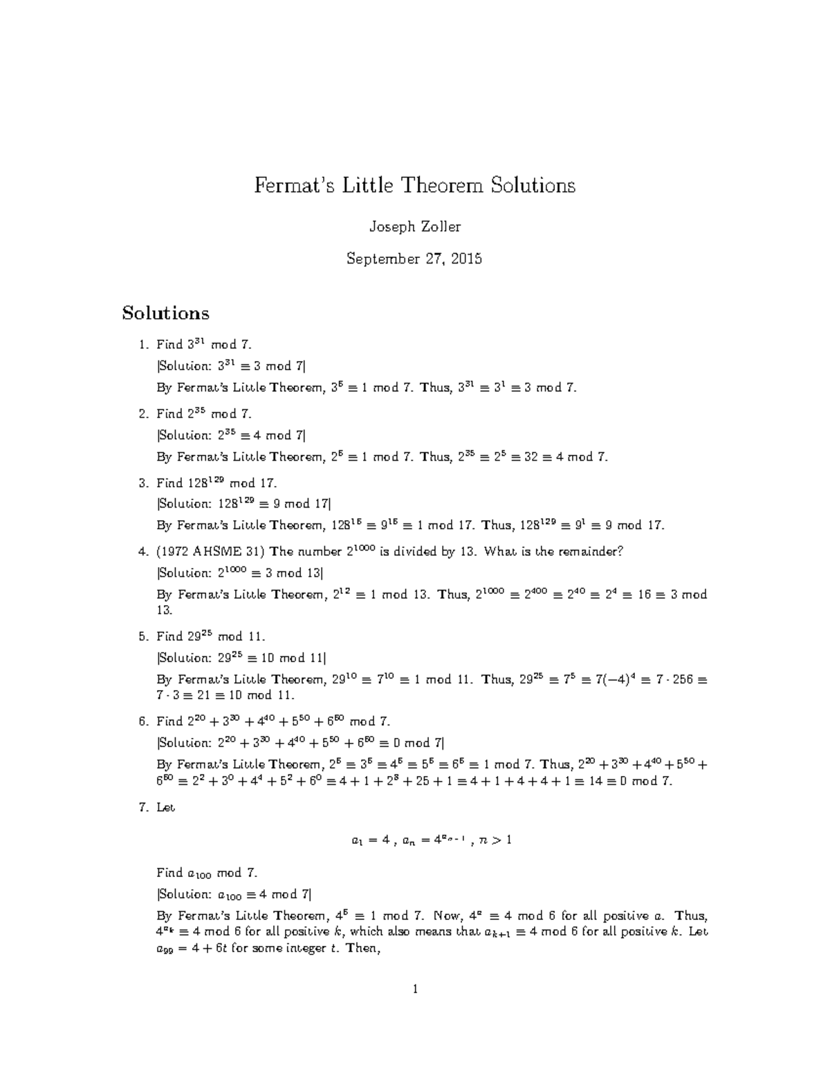 Number theory 09 27 15 solutions - Fermat’s Little Theorem Solutions ...