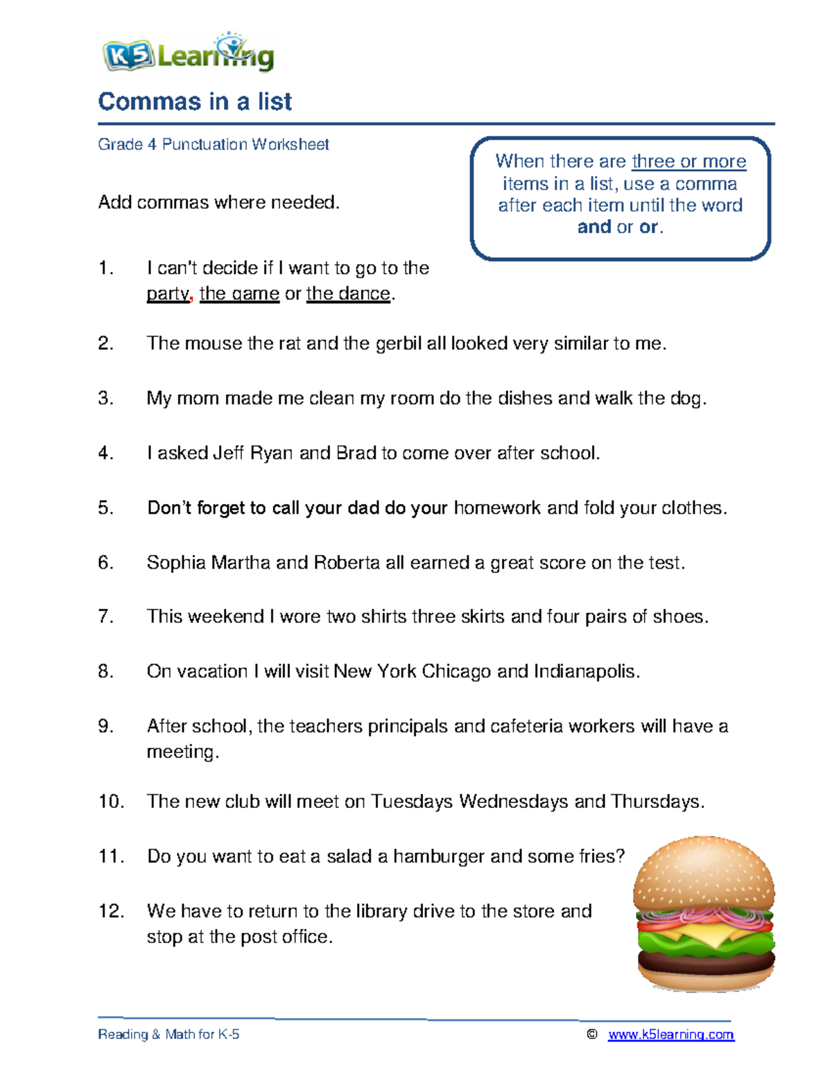 Grade 4 commas list a - Commas in a list Grade 4 Punctuation Worksheet ...