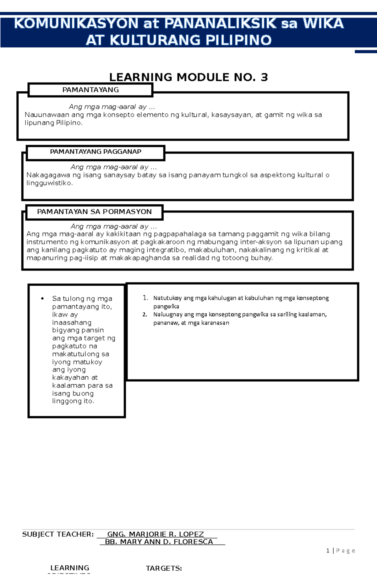 Learning- Module #3 - this will serve you to the ffg. subject that you ...