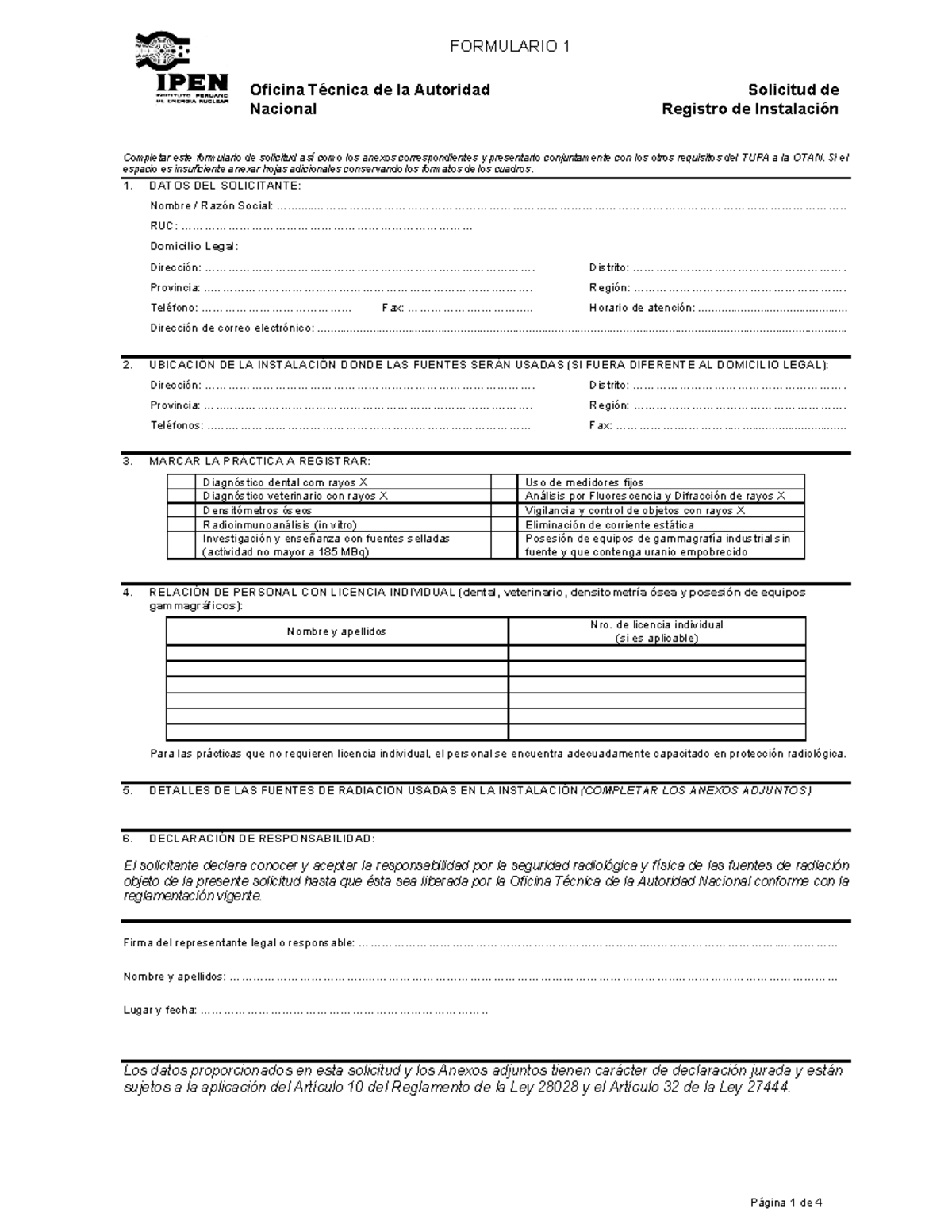 Form1 reg instalacion - Registró ipen - Oficina Técnica de la Autoridad Nacional Solicitud de ...