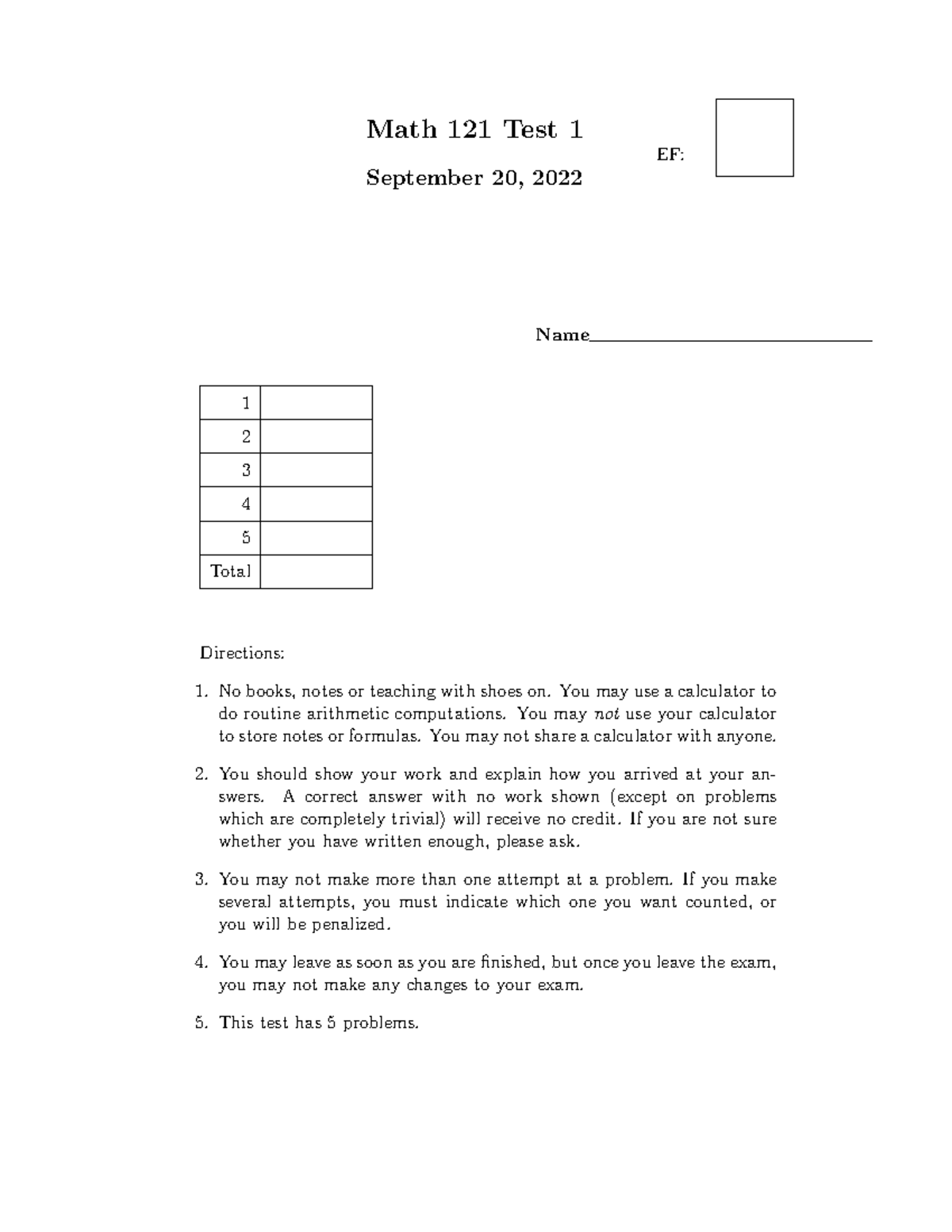 2022 Practice paper for the first exam - Math 121 Test 1 September 20 ...