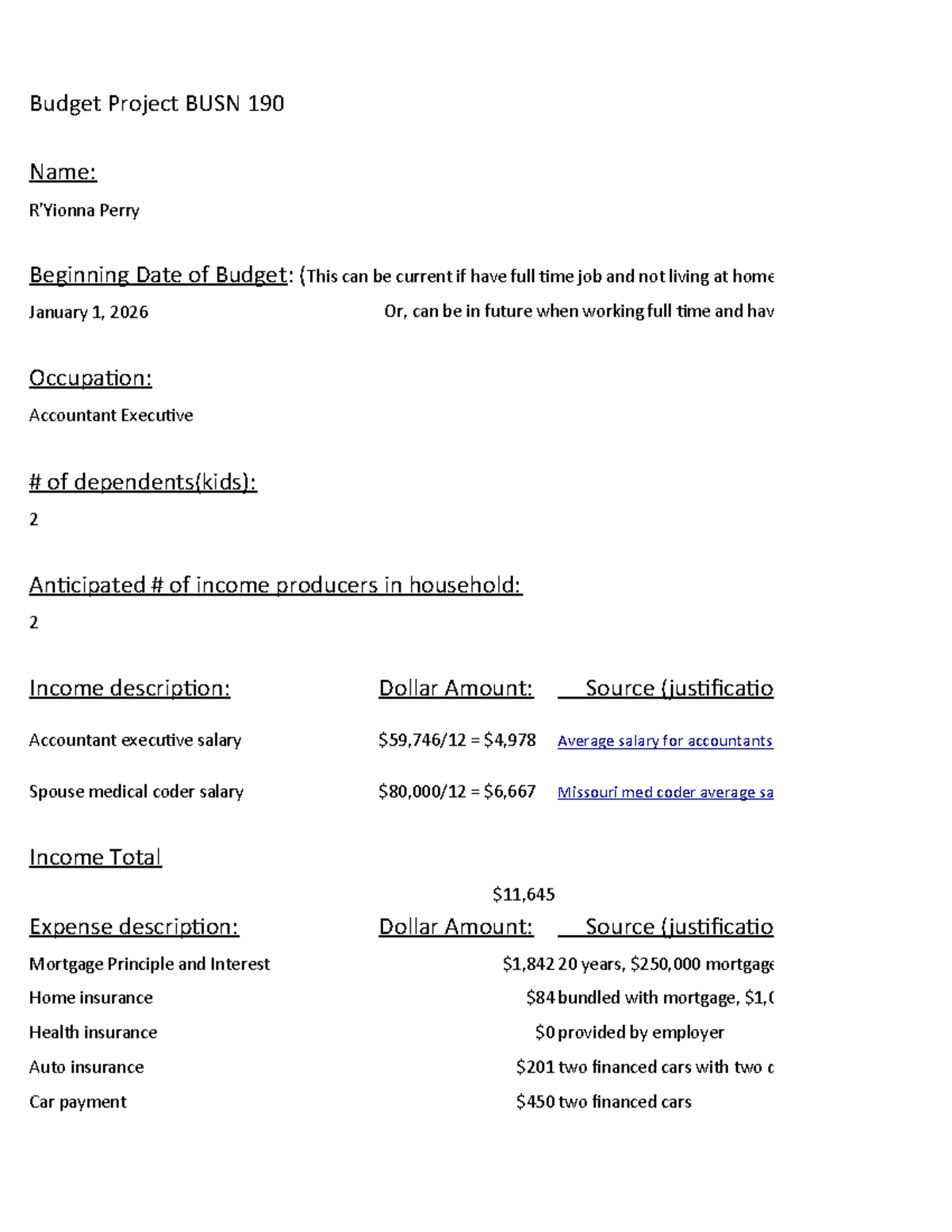 Budget Project FINAL - Budget Project BUSN 190 Name: R'Yionna Perry ...