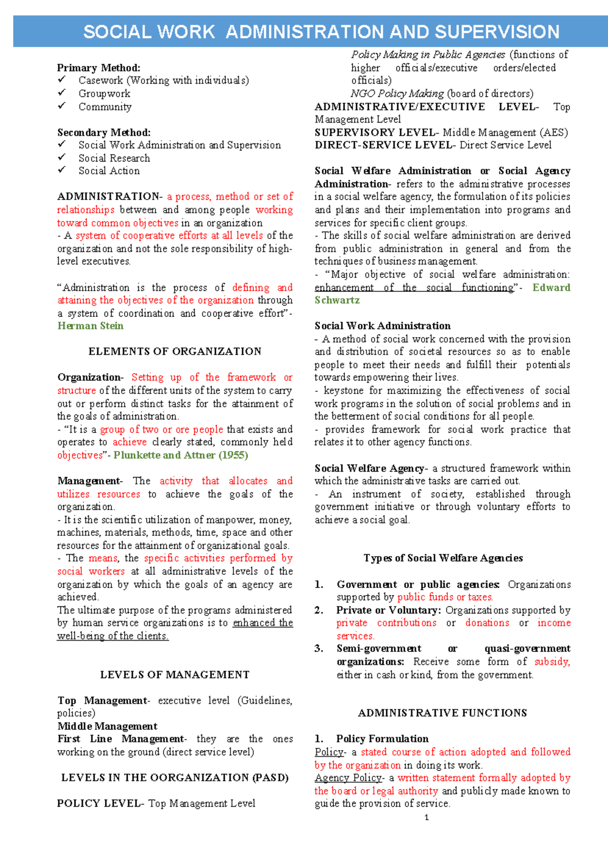 Social WORK Administration AND Supervision - Primary Method: Casework ...