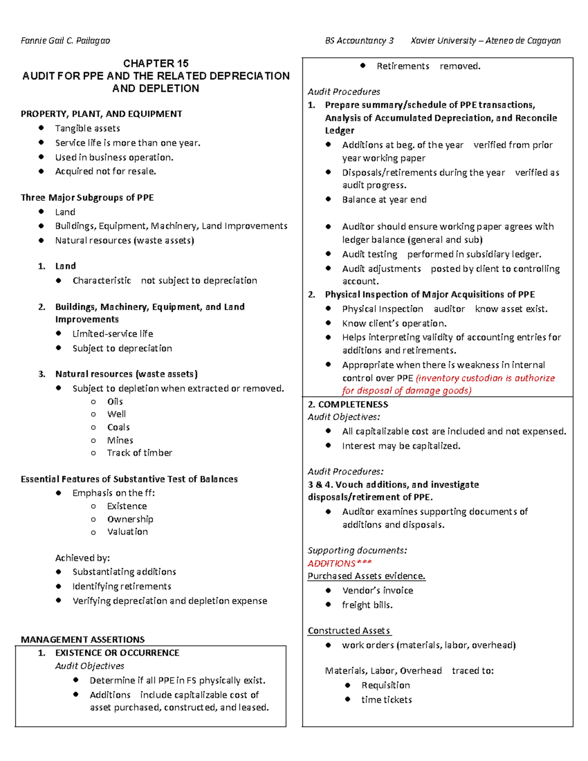 Audit FOR PPE AND Related Depreciation AND Depletion - CHAPTER 15 AUDIT ...