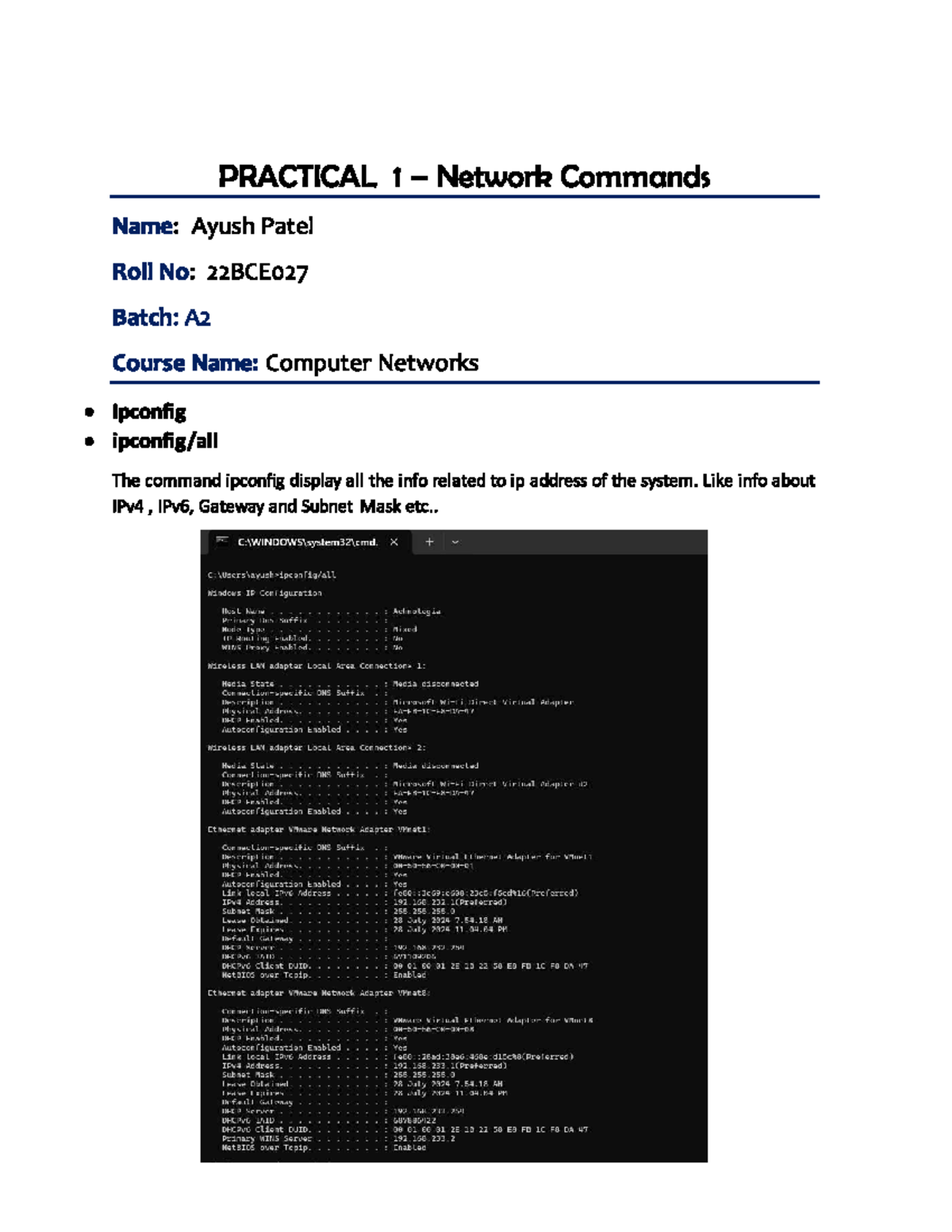 22bce027 Prac1 - sadjfhlasdkjfh; - PRACTICAL 1 Network Commands Name: Ayush Patel Roll No ...