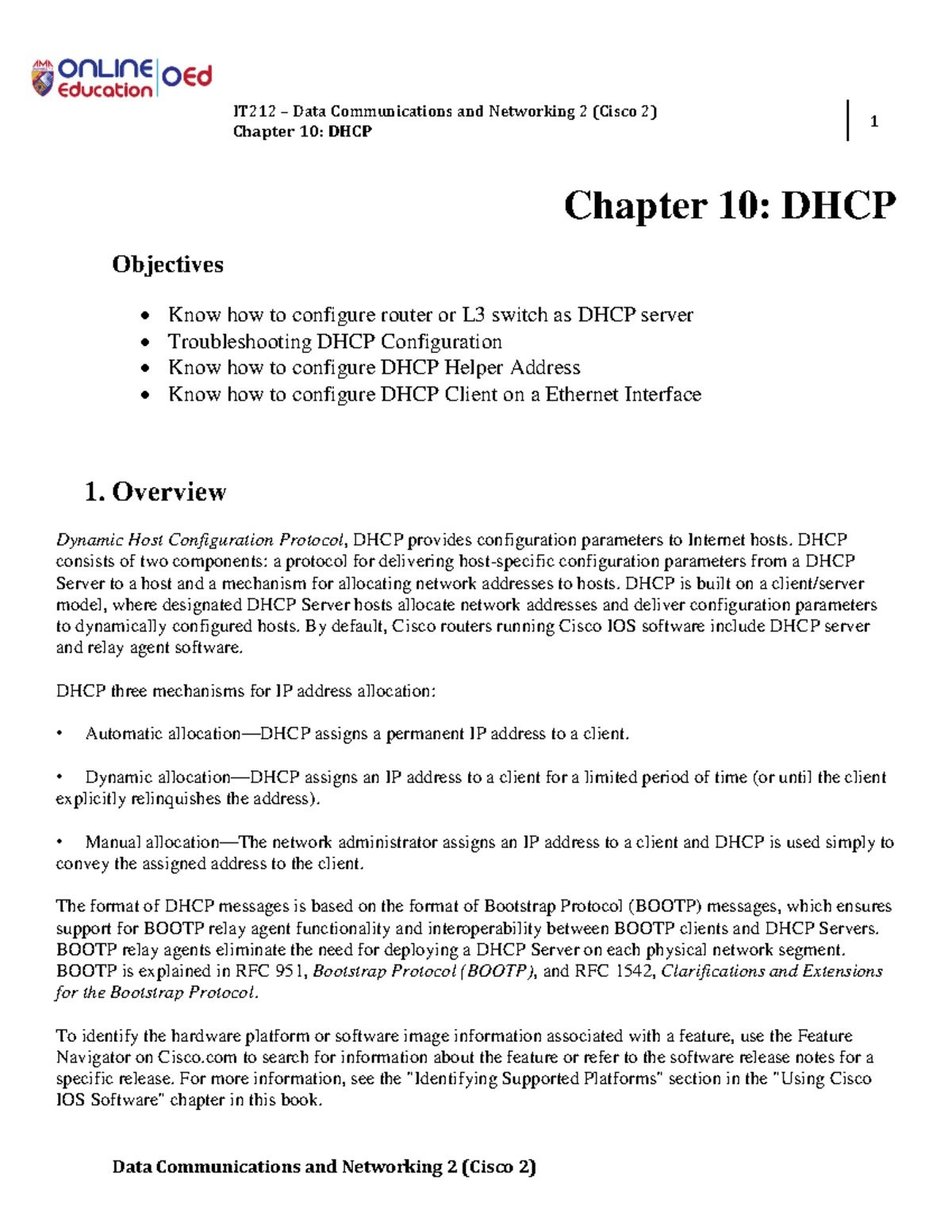 W12 Module-Chapter 10 DHCP - IT212 – Data Communications and Networking 2 (Cisco 2) Chapter 10 ...