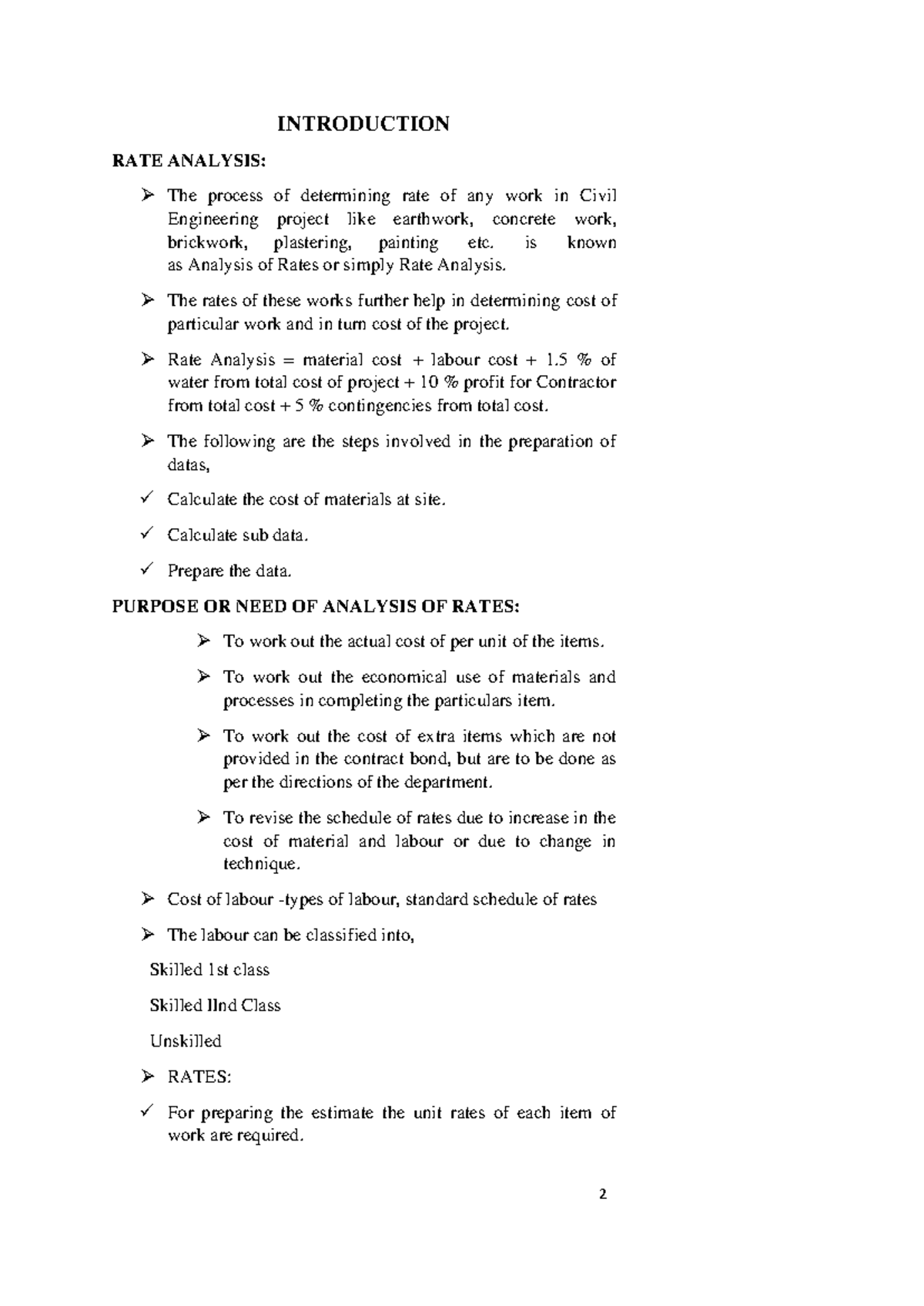RATE Analysis AND Costing - RATE ANALYSIS: INTRODUCTION The process of ...