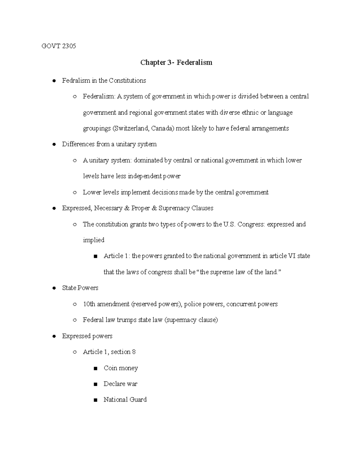 Chapter 3-Federalism - Lecture Notes on Federalism for Professor Ralph ...