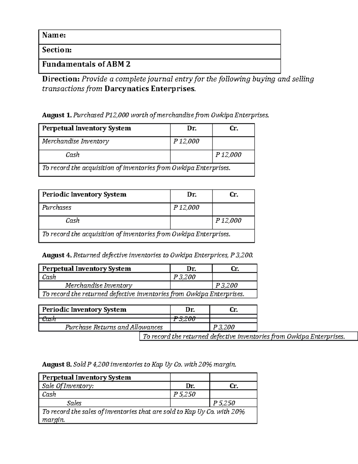 FABM2 Week 2 Answersheet 222 - Name: Section: Fundamentals of ABM 2 ...
