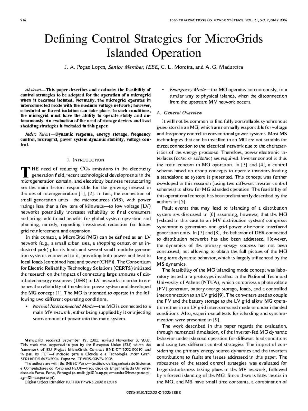 2006 Defining Control Strategies - 916 IEEE TRANSACTIONS ON POWER ...