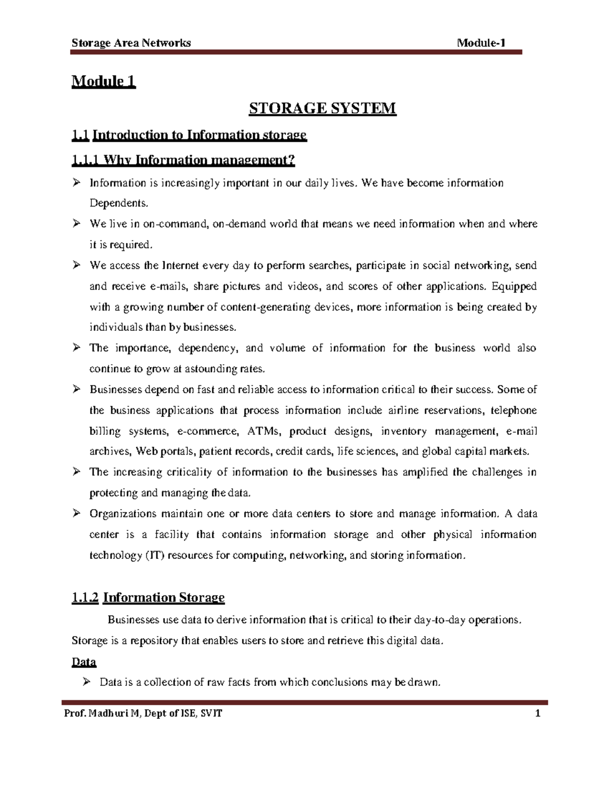 SAN module 1 - Notes for Storage area networks subject 18cs81 be ...