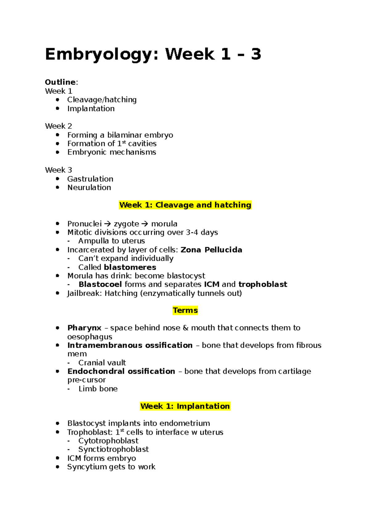 1 - Lecture notes 1 - Embryology: Week 1 – 3 Outline: Week 1 Cleavage ...