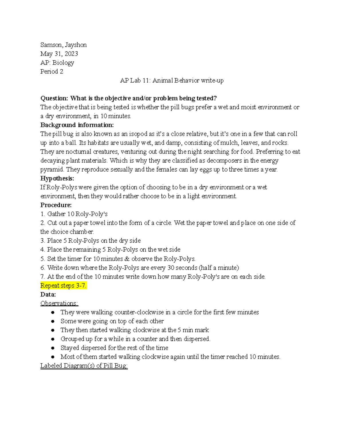 Isopod Lab Samson, Jayshon - Samson, Jayshon May 31, 2023 AP: Biology ...