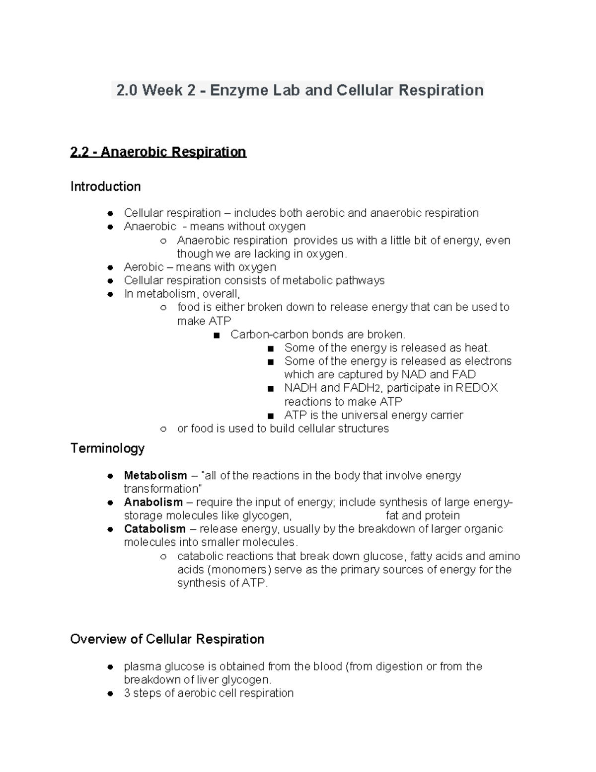 Week 2 Lecture Notes - 2 Week 2 - Enzyme Lab and Cellular Respiration 2 ...