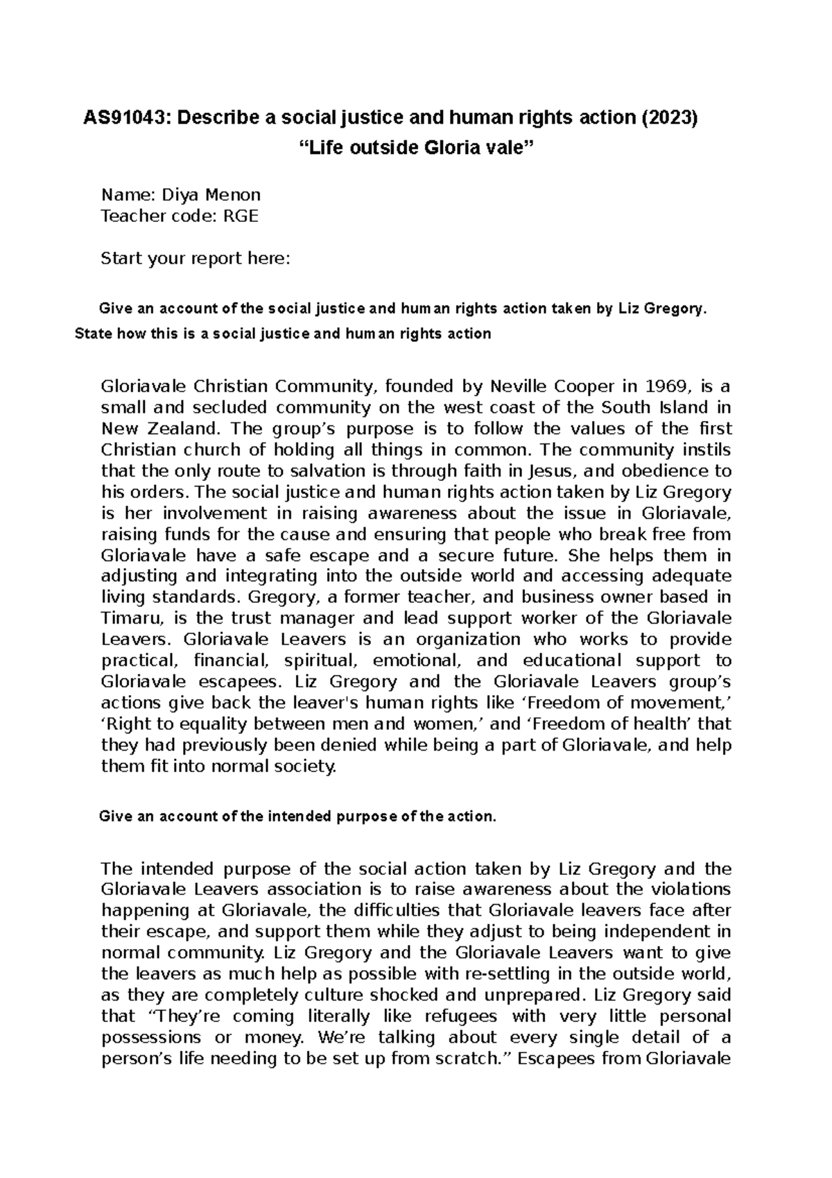 1.5 Student Report (describe a social action) - AS91043: Describe a ...