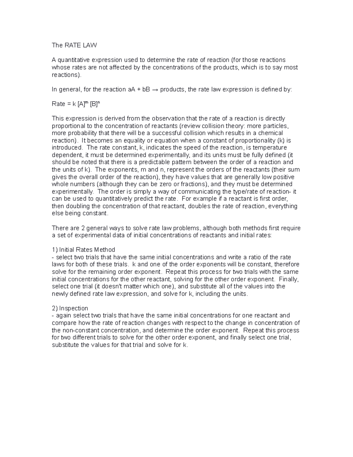 Rate Law note - rate law notes - The RATE LAW A quantitative expression ...