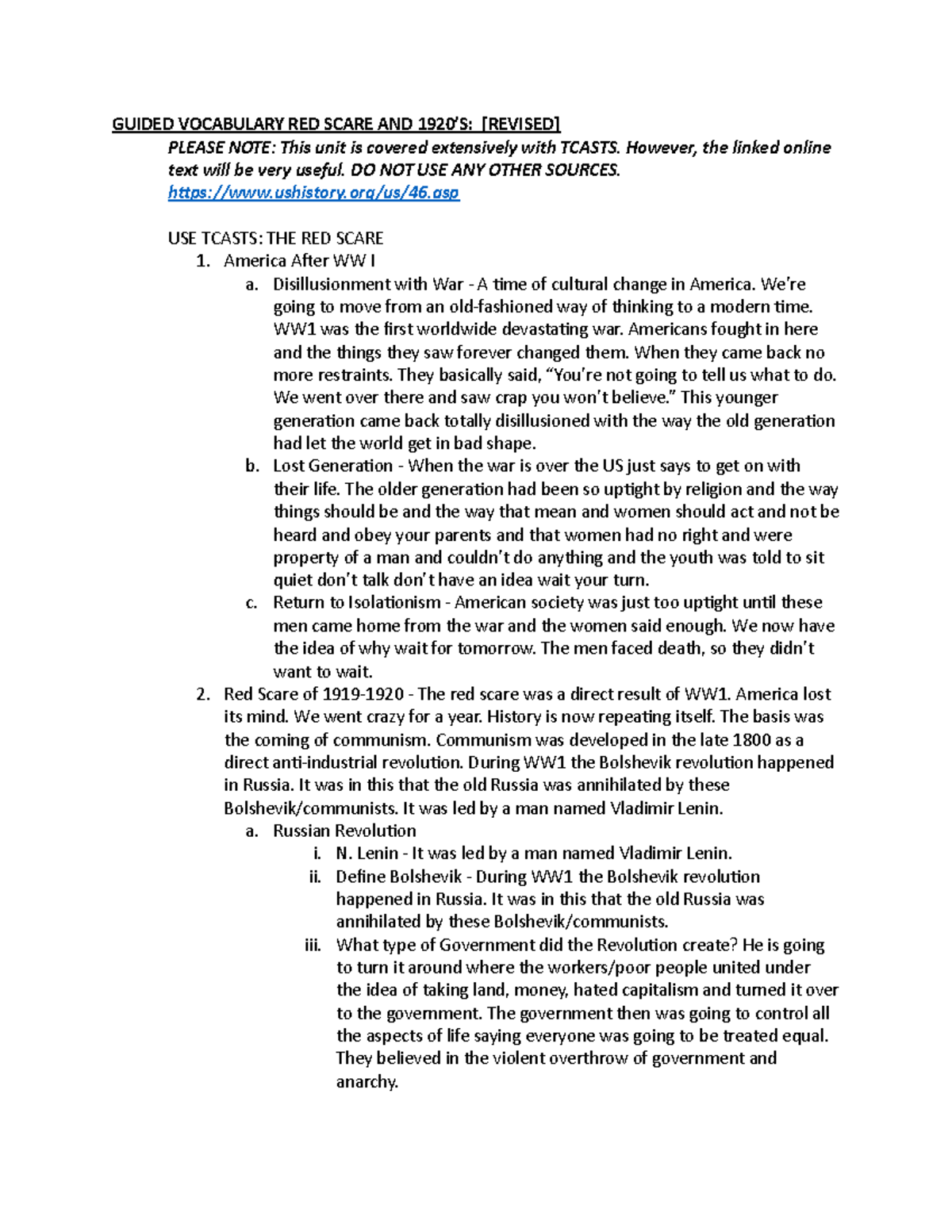 GV RED Scare AND 1920s - GUIDED VOCABULARY RED SCARE AND 1920’S ...