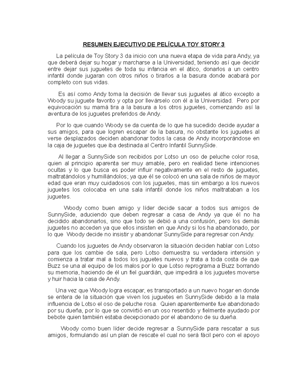 Resumen Ejecutivo DE Pelicula TOY Story - RESUMEN EJECUTIVO DE PELÍCULA ...