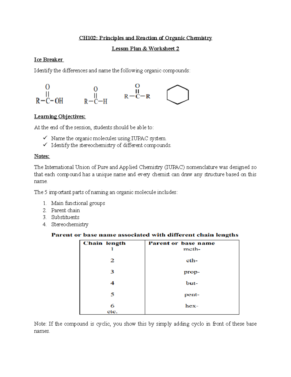 Week 5 CH102 Worksheet 2 - CH102: Principles and Reaction of Organic ...