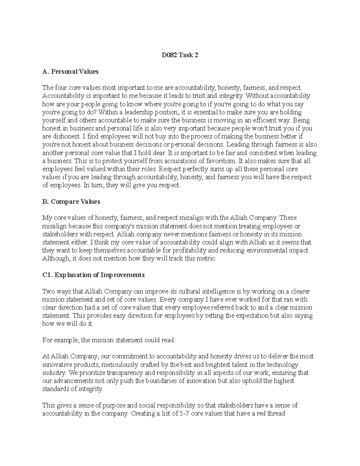 D082 Task 2 - Task 2 Pass - D082 Task 2 A. Personal Values The four ...