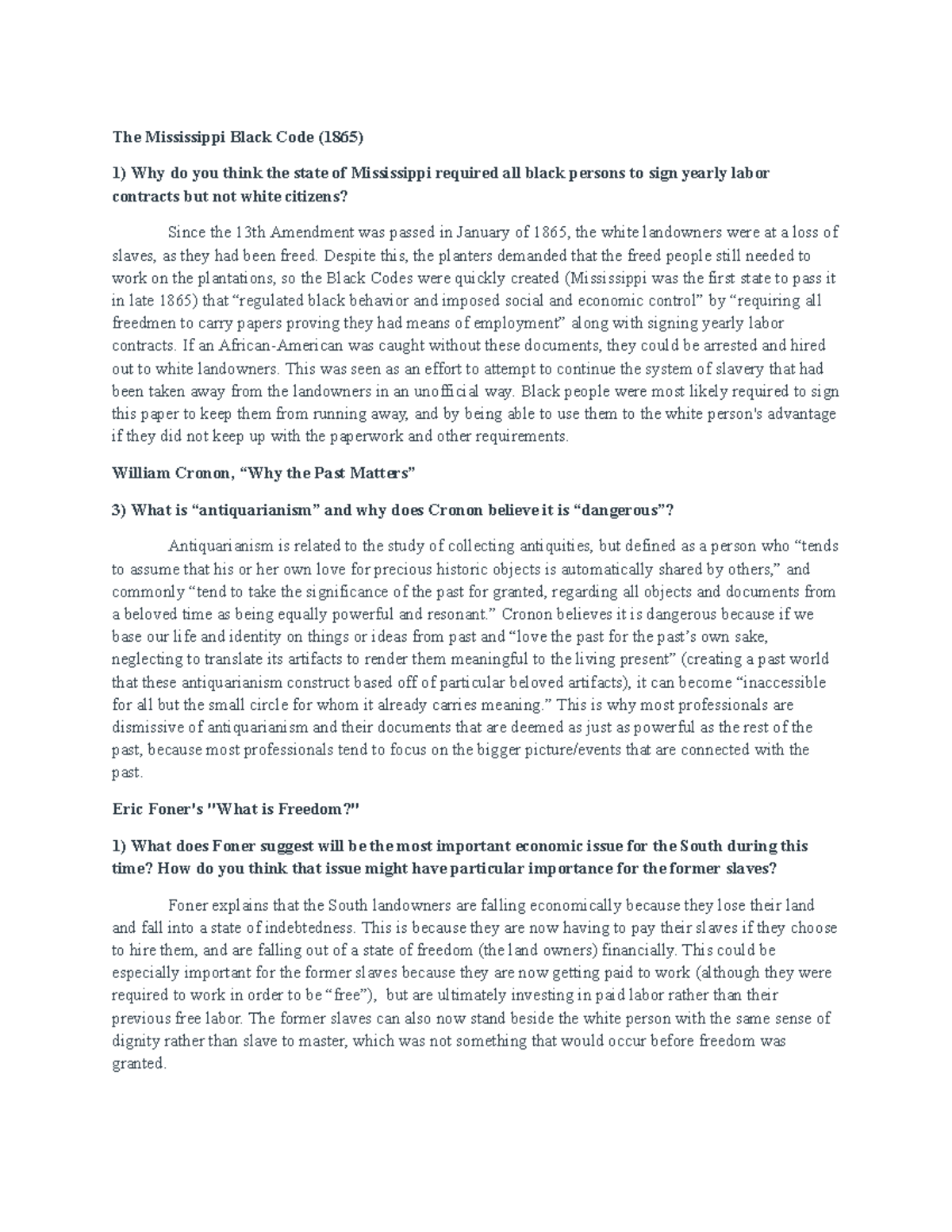 Module 1 reading questions - history - The Mississippi Black Code (1865 ...