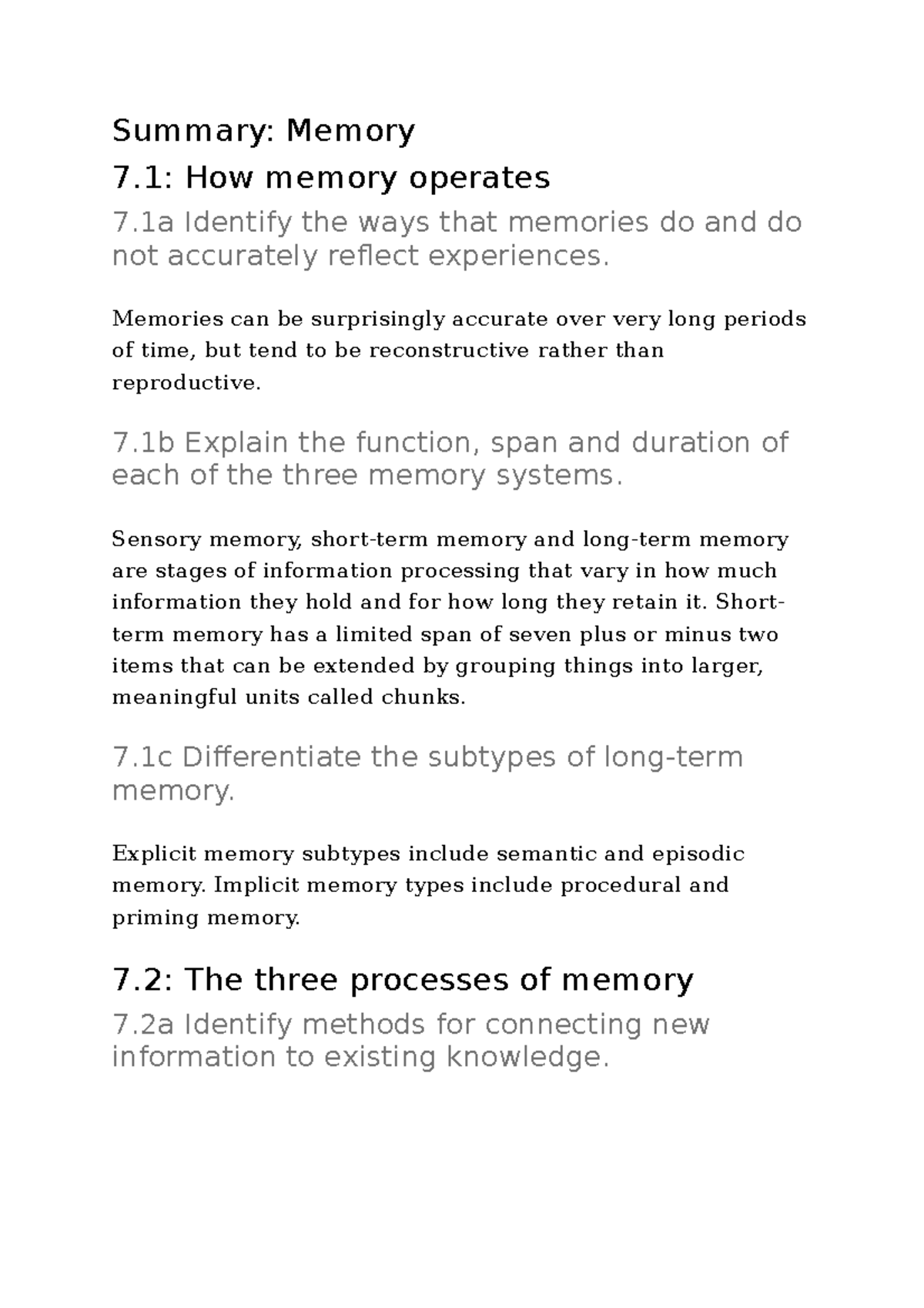 Summary for psychology intro - Summary: Memory 7: How memory operates 7 ...