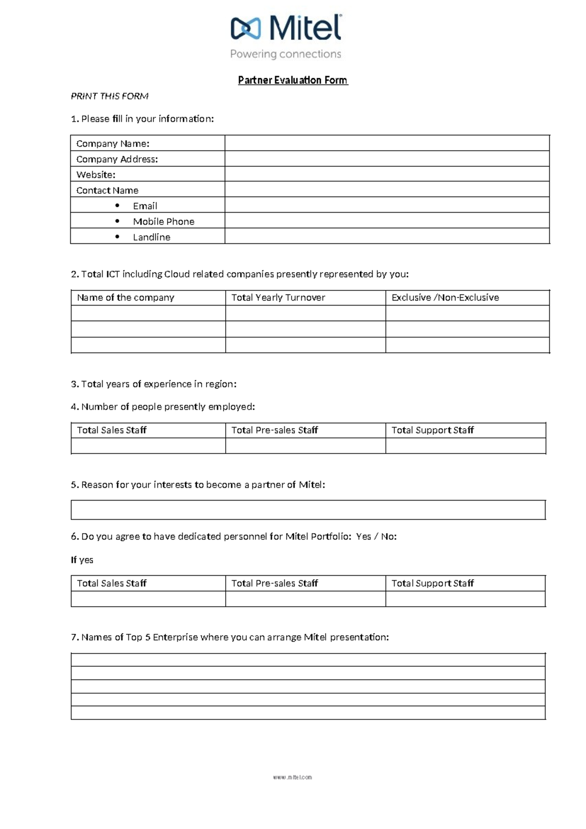 Partner Evalution Form- Mitel-MEA - mitel Partner Evaluation Form PRINT ...