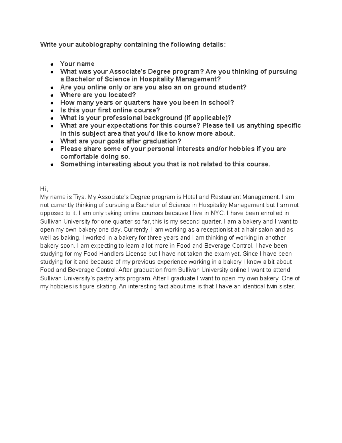 Food and Beverage Control Week 1 - Write your autobiography containing ...