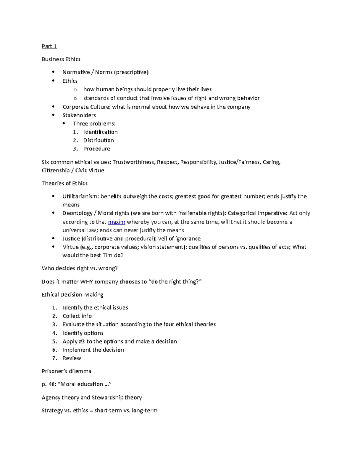 Bus ethics - Part 1 Business Ethics Normative / Norms (prescriptive ...