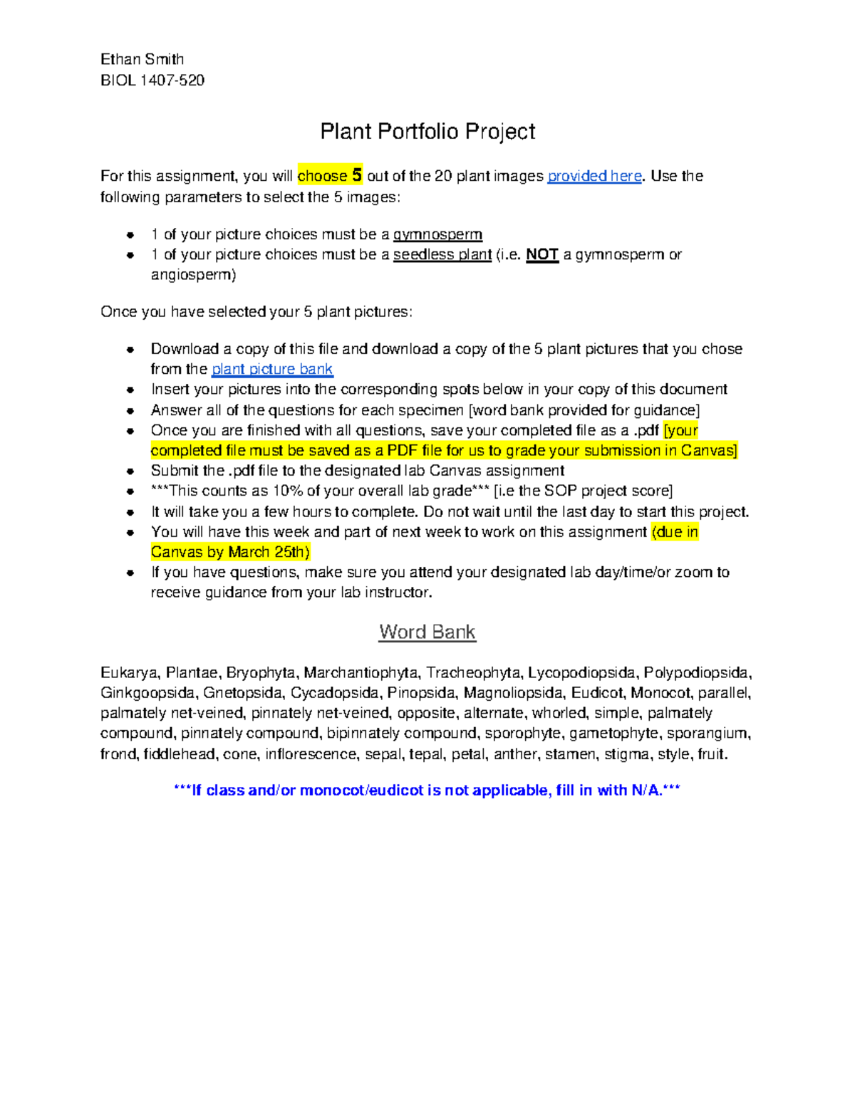 Plant Portfolio Project - BIOL 1407- 520 Plant Portfolio Project For ...