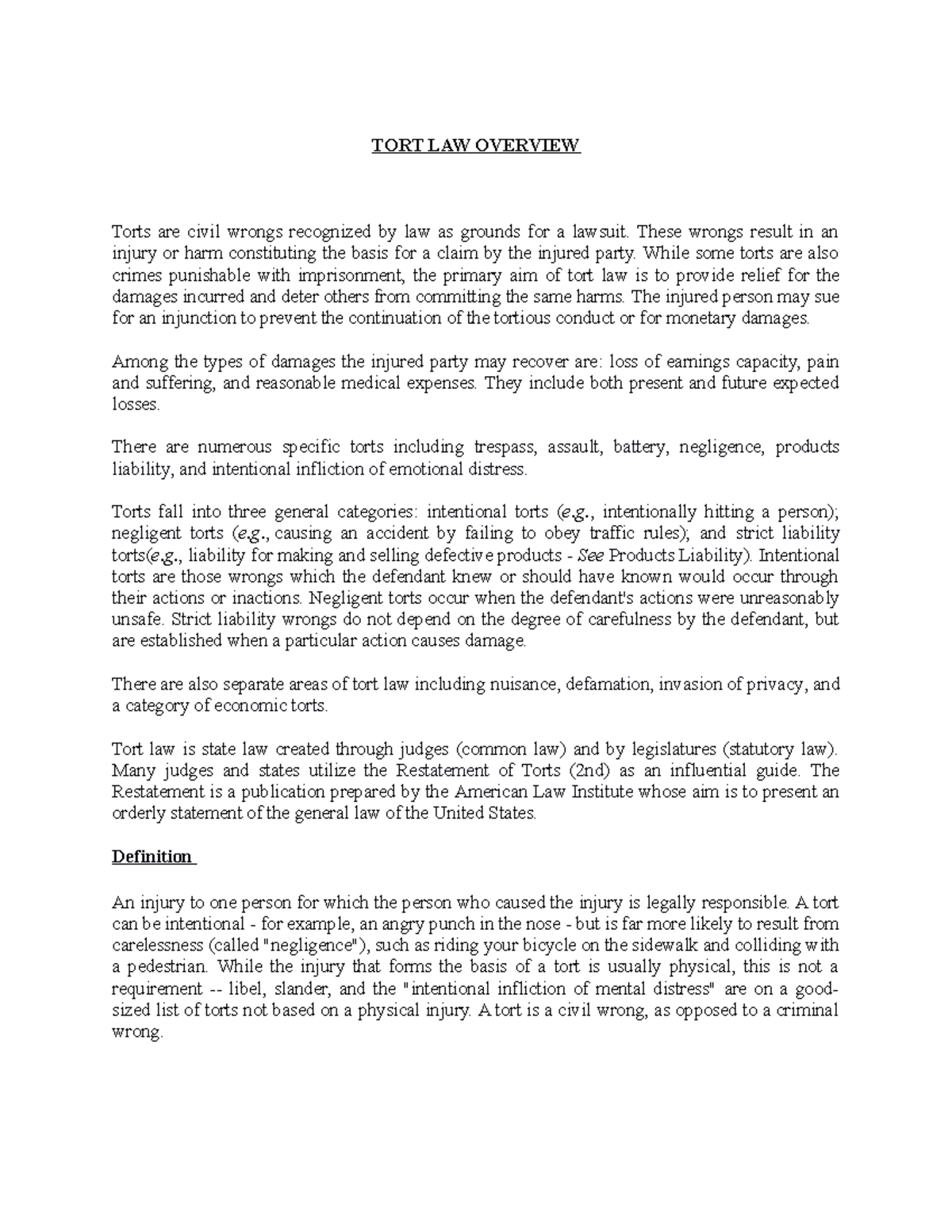 MFC 332 List of Torts & Defenses - TORT LAW OVERVIEW Torts are civil ...