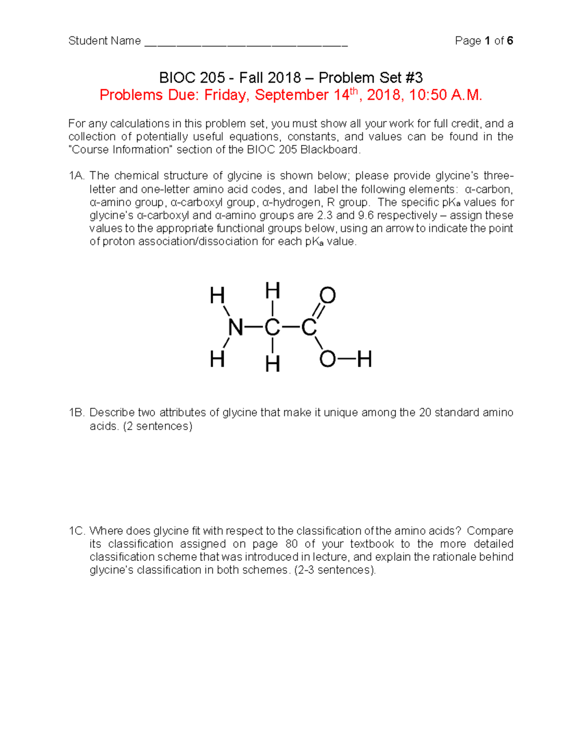 BIOC 205 - Fall 2018 - Problem Set #3 - Student Name Page 1 of 6 BIOC 205 Fall 2018 Problem Set ...