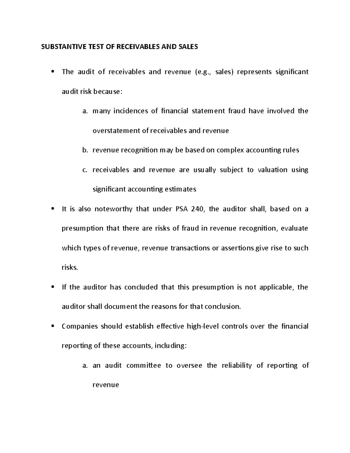 Substantive TEST OF Receivables AND Sales - SUBSTANTIVE TEST OF ...