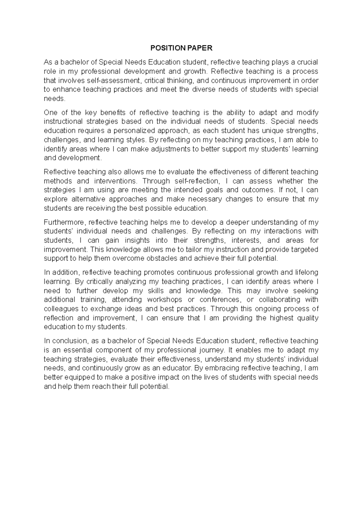 Position Paper - Educational purposes - POSITION PAPER As a bachelor of ...