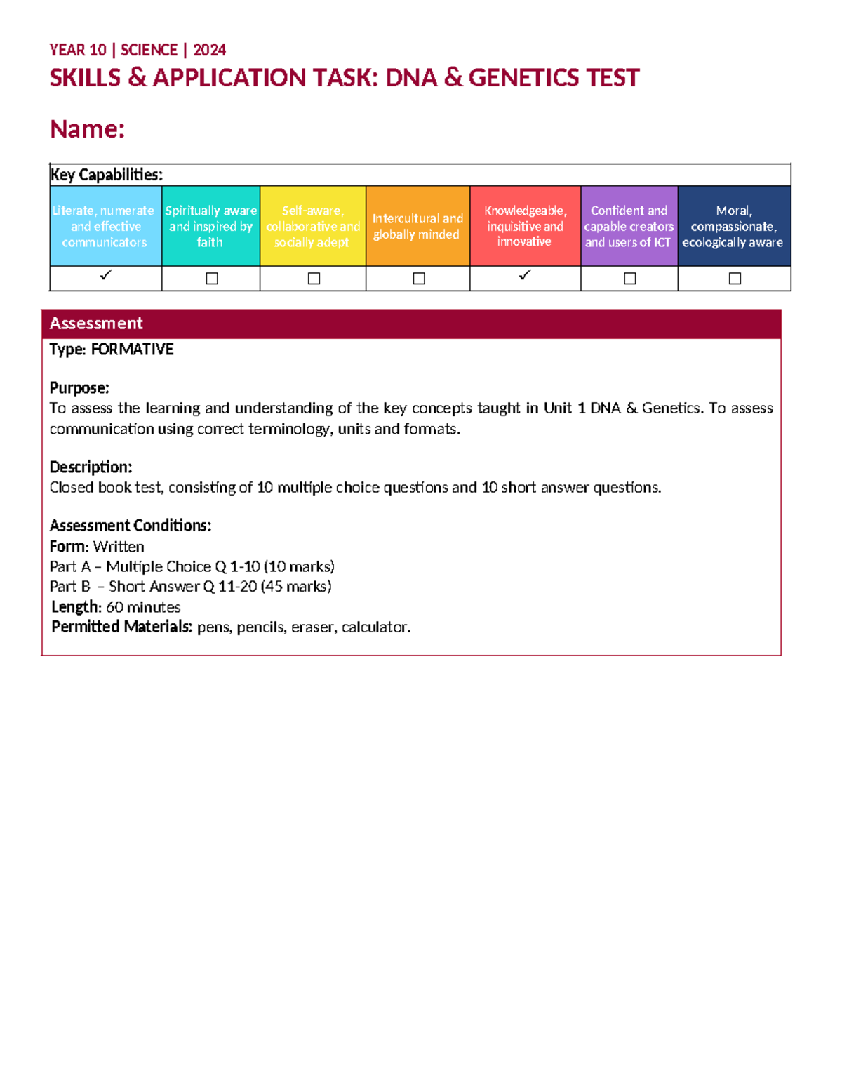 Formative Task-DNA & Genetics Test-Year 10 Science - YEAR 10 | SCIENCE ...