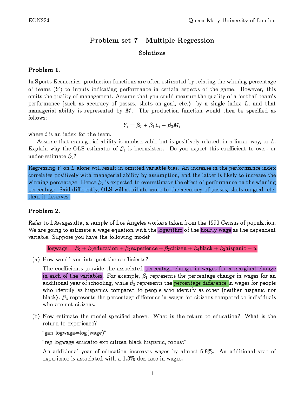 PS7 solutions econoMetrics - ECN224 Queen Mary University of London Problem set 7 - Multiple ...