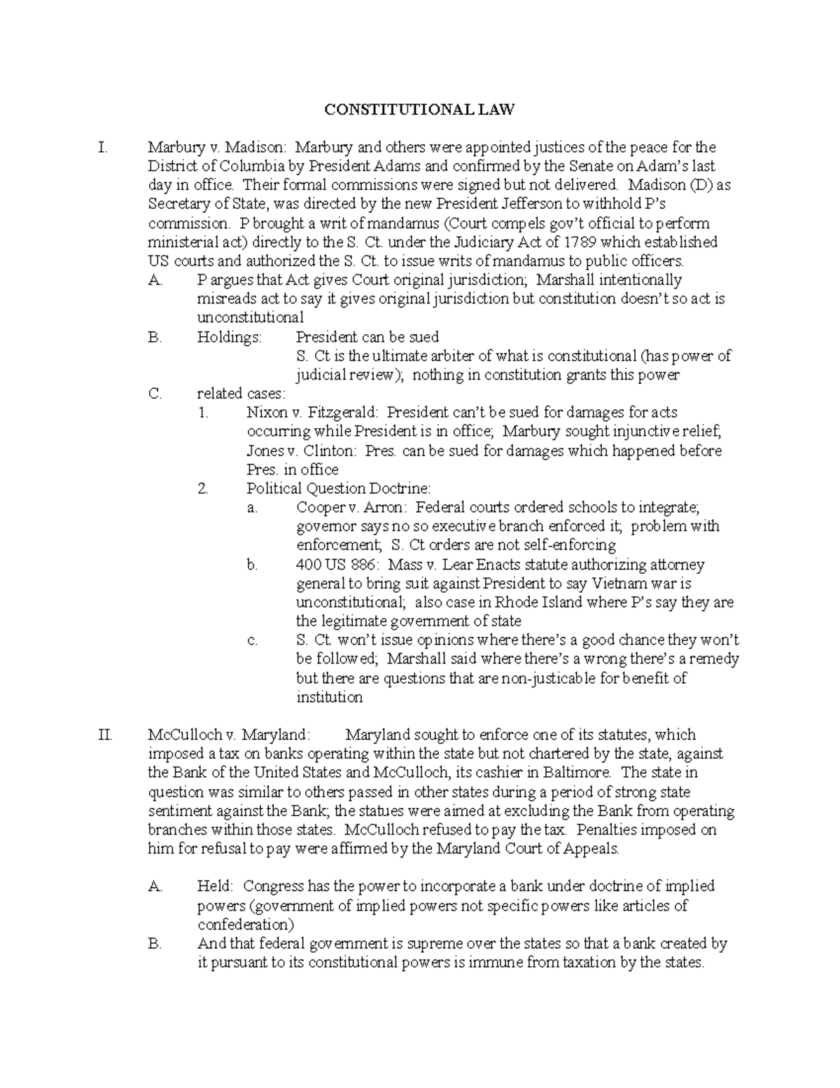 Constitutional Law Outline - 1 - CONSTITUTIONAL LAW I. Marbury v ...