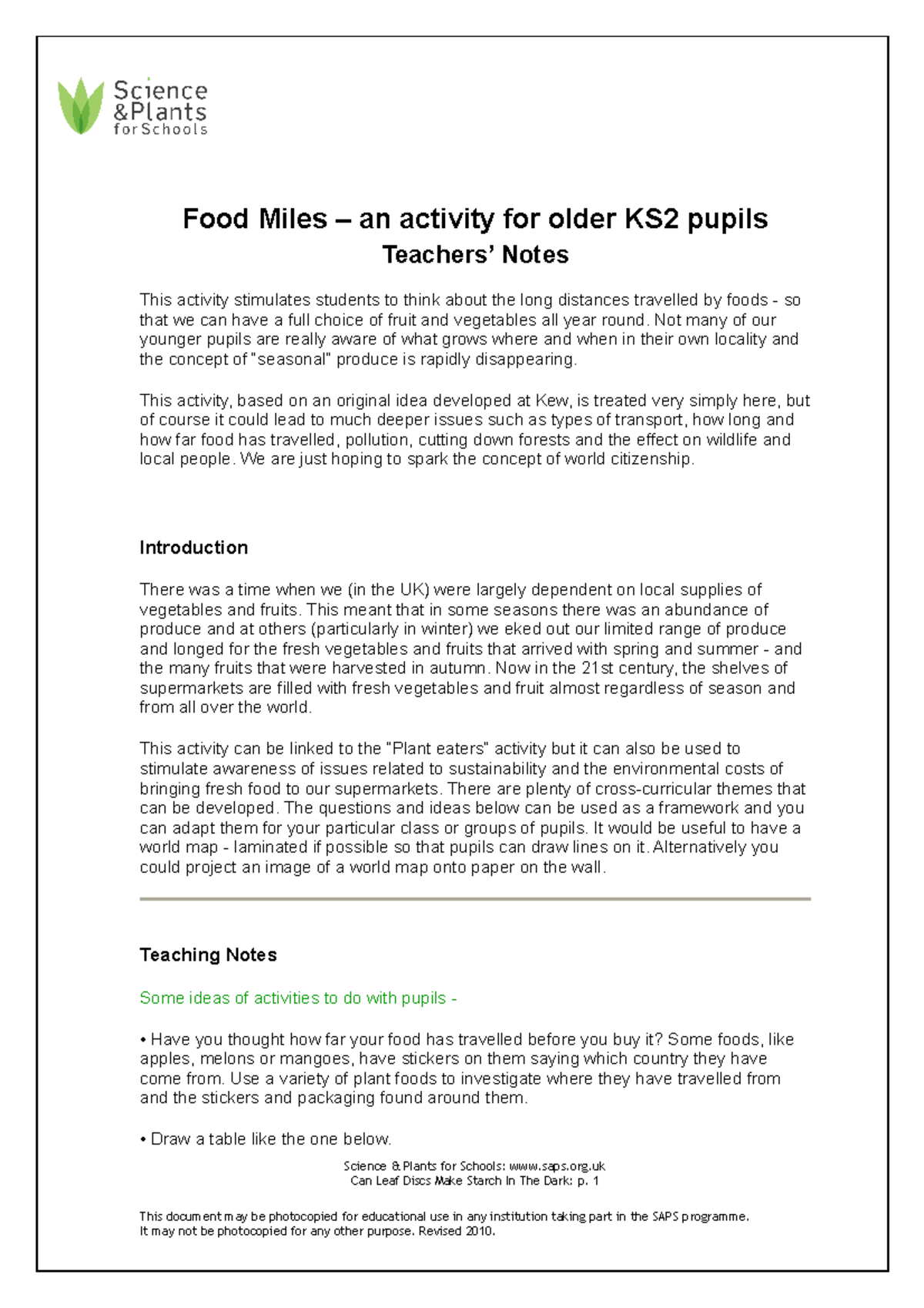 SAPS Food Miles Teacher Notes - UCB - Studocu