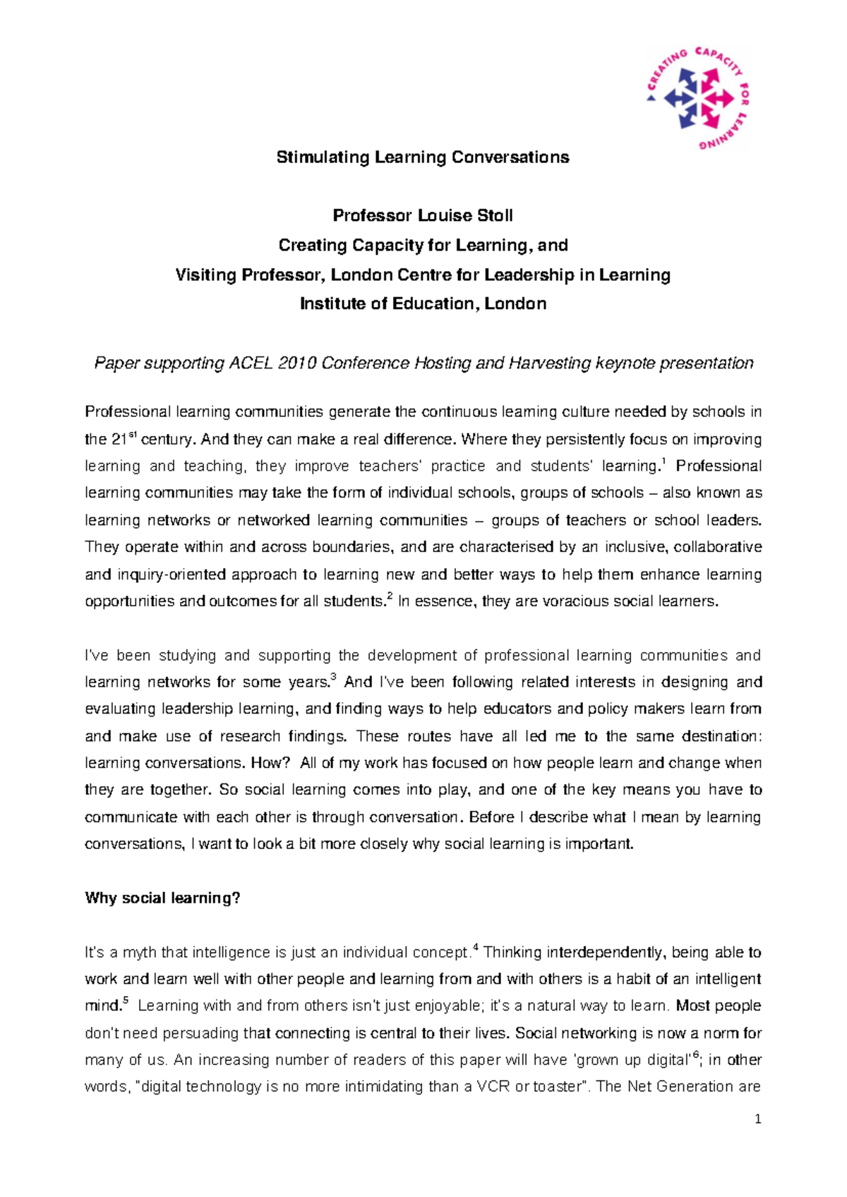 ACEL 2010 Stimulating Learning Conversations Louise Stoll final ...