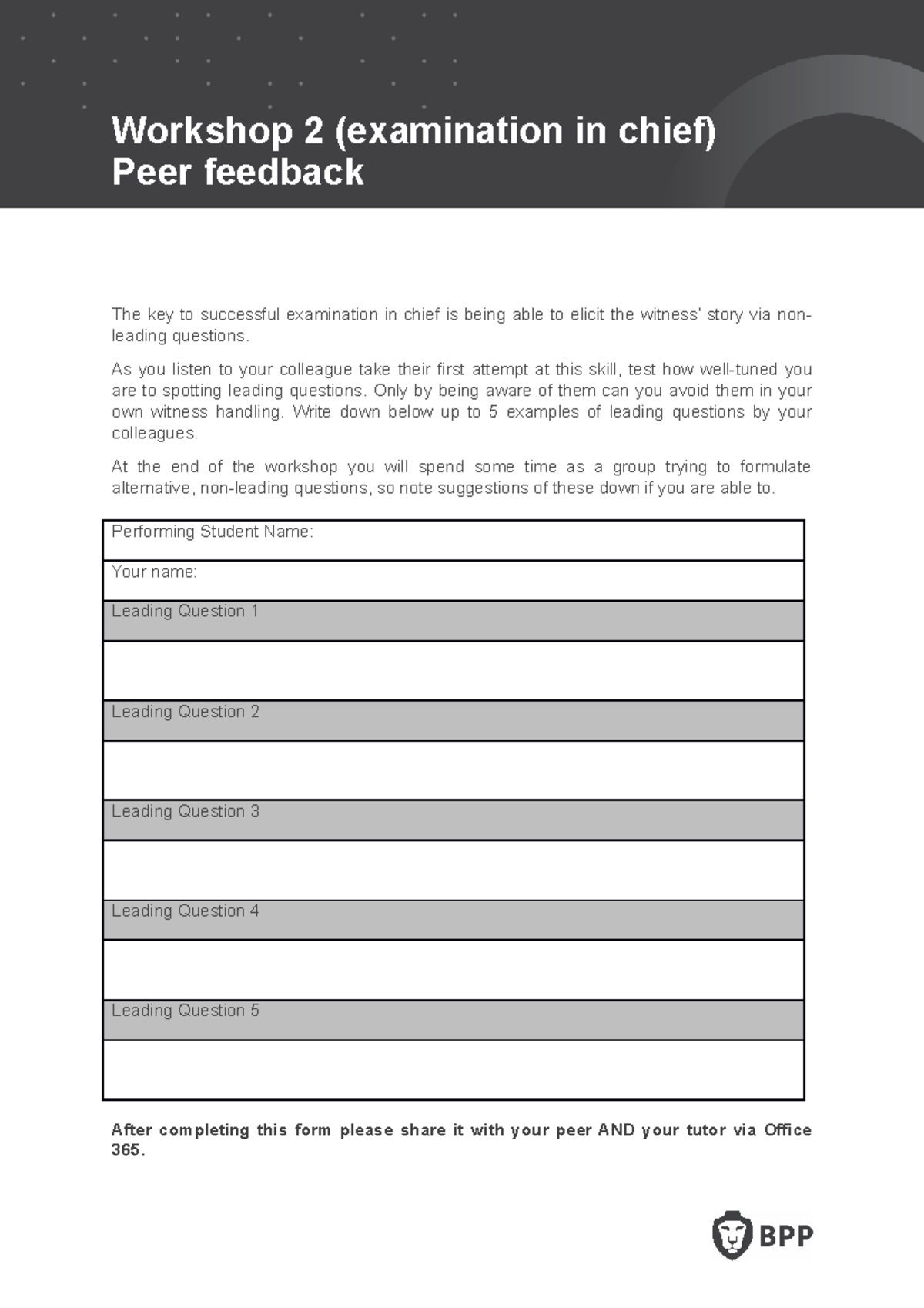 BTC2 XIC W2 Collaborate Peer Feedback Form - Workshop 2 (examination in ...