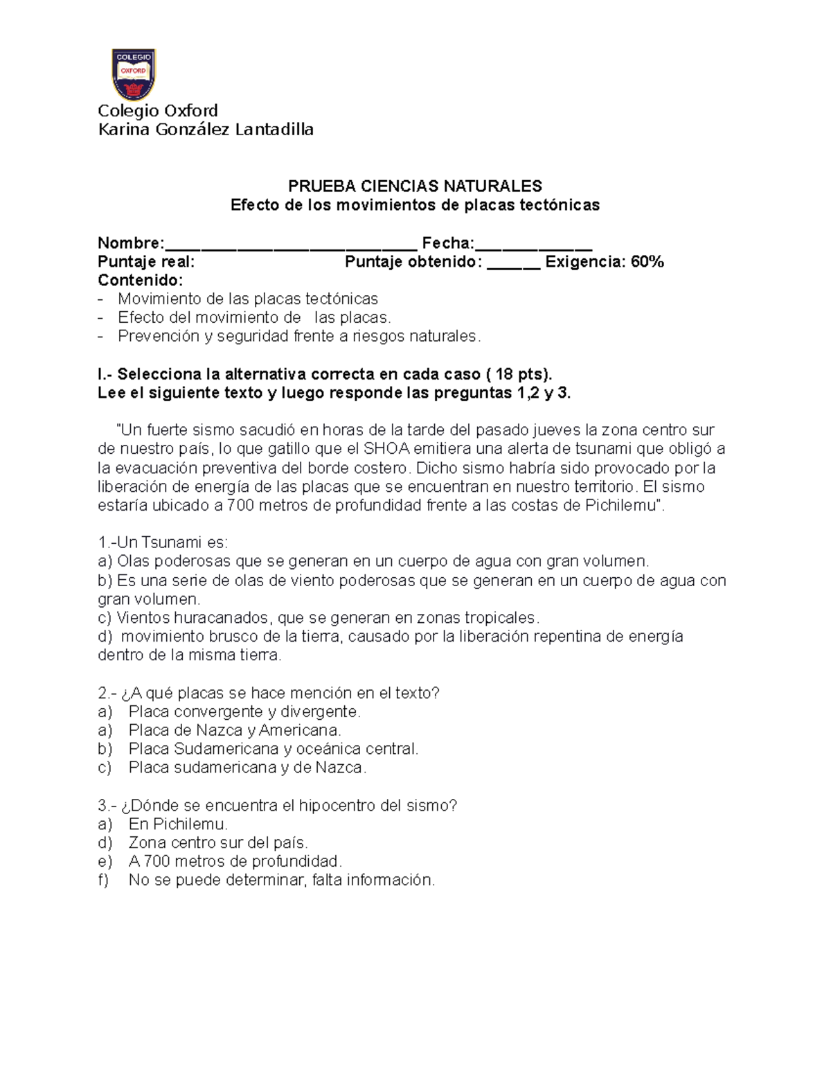 4to básico Sismos - Karina González Lantadilla PRUEBA CIENCIAS ...