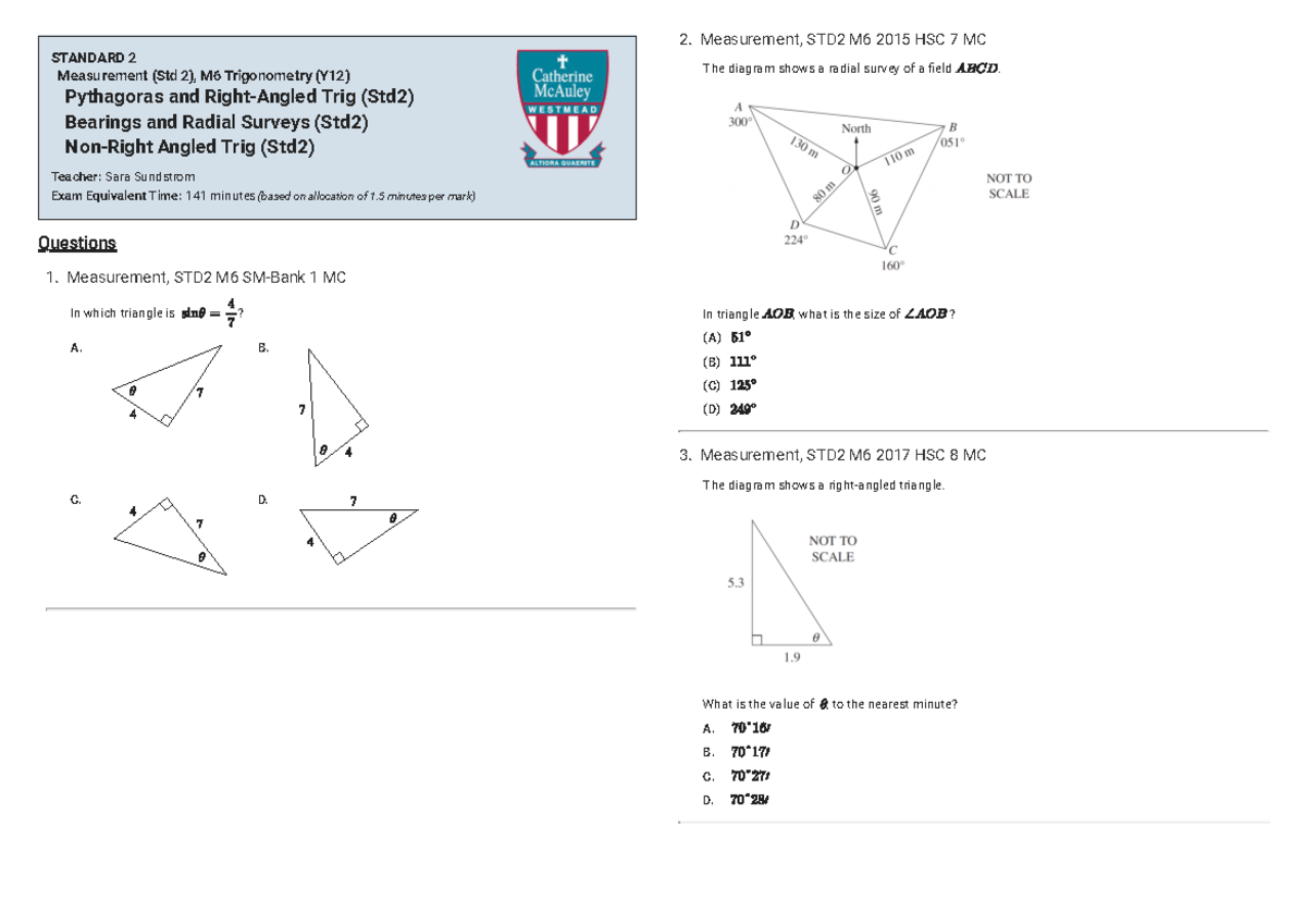 HSC Questions - HSC QUESTION - 1. Measurement, STD2 M6 SM-Bank 1 MC ...