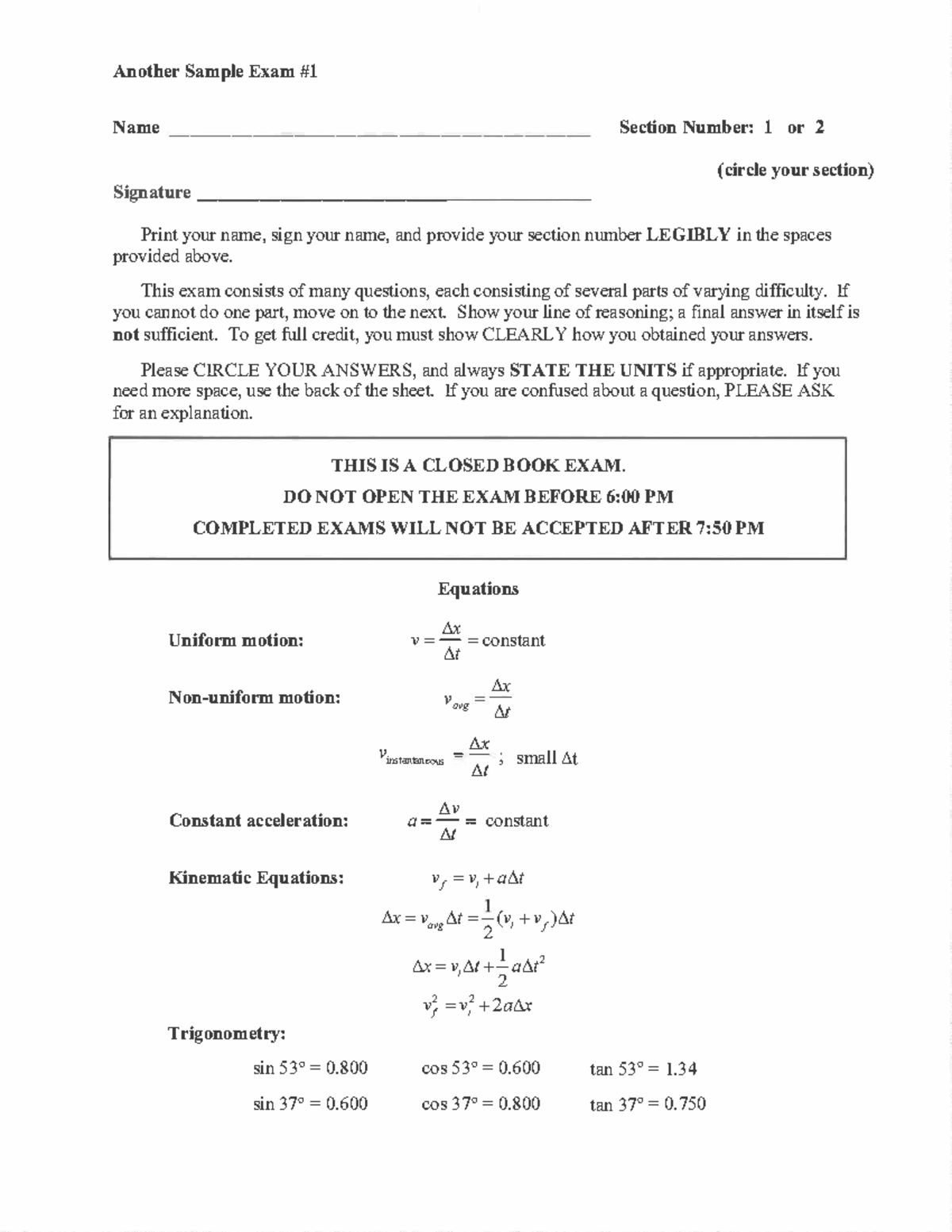 Another Sample Exam 1 (blank) - Another Sample Exam # 1 Name - Section ...