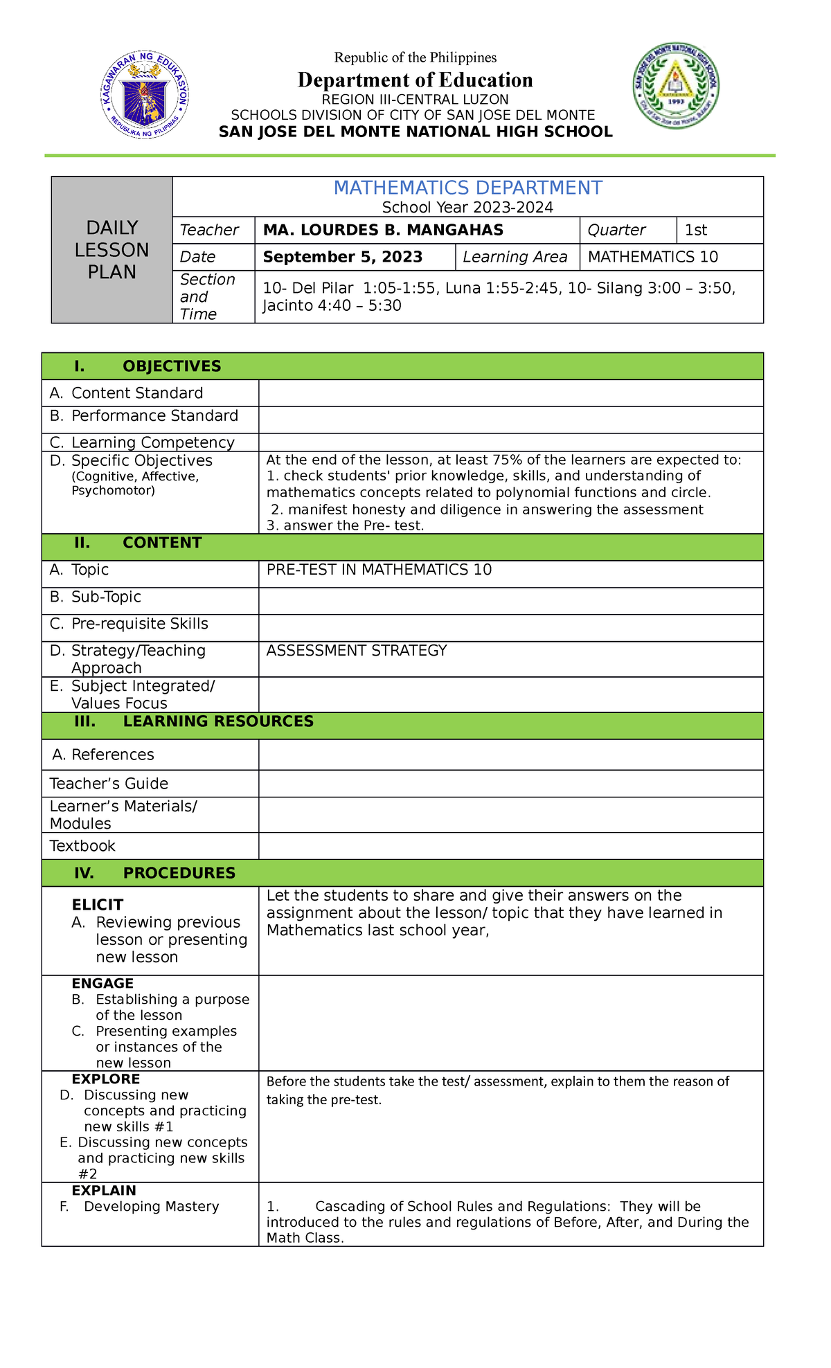 Assessment Lesson Plan - Republic of the Philippines Department of ...