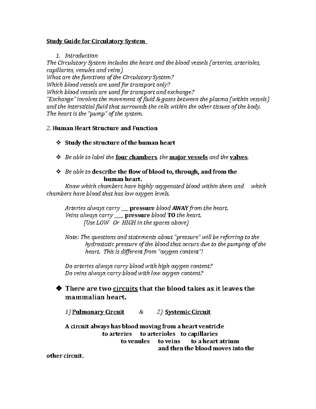 BIO 102 Study Guide for Circulatory System - Study Guide for ...