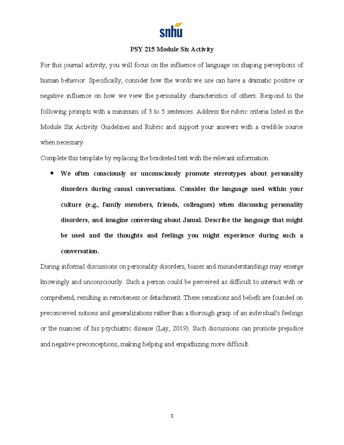 PSY 215 Module Six Activity - PSY 215 Module Six Activity For this ...