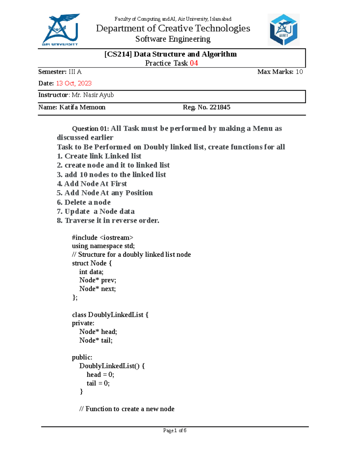 Dsa Doubly Linked List Faculty Of Computing And Ai Air University Islamabad Department Of